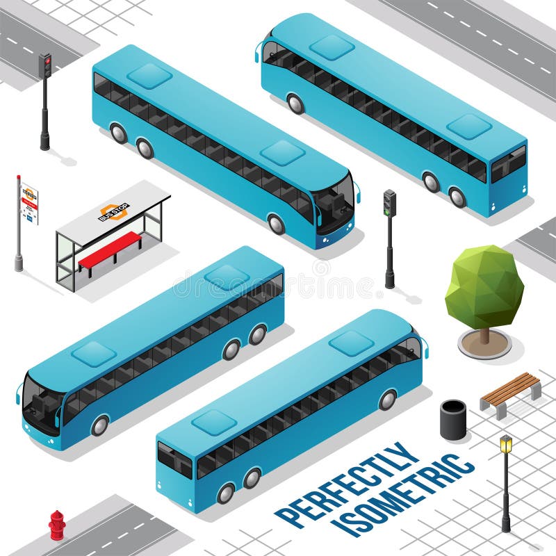 Blue Long Isometric Bus from the Front Back Right and Left Stock Vector ...