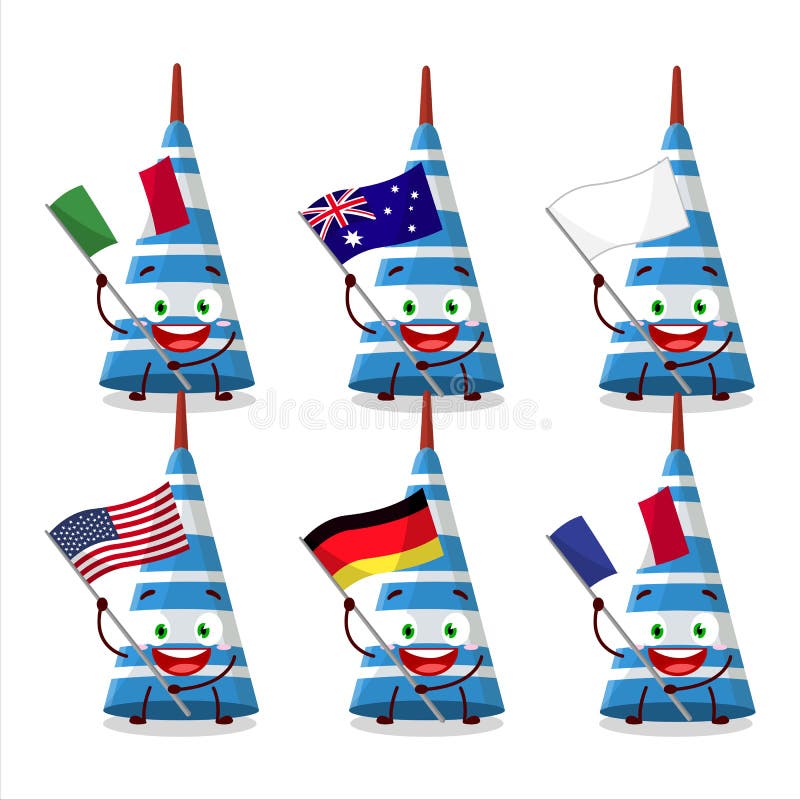 Blue Long Trumpet Cartoon Character Bring the Flags of Various ...