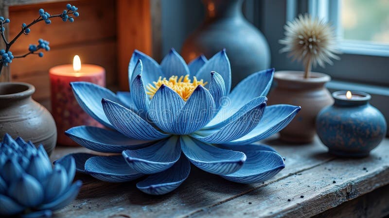 Blue Lotus Flower Arrangement on Rustic Wooden Table with Candles and ...