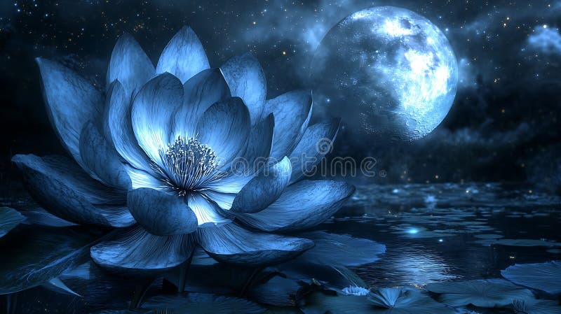 Blue Lotus Flower Under Moonlit Night Sky Stock Illustration ...