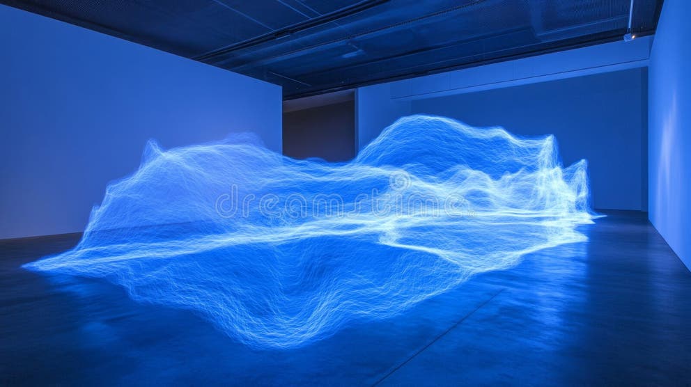 Blue Luminous Light Installation in Modern Gallery Stock Illustration ...