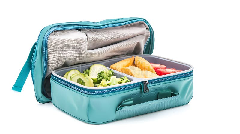 A Blue Lunch Bag with a White Interior and a Green Handle Stock Photo ...