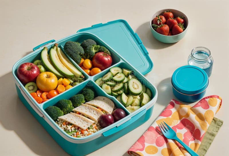 A Blue Lunch Box with Fruit and Vegetables Stock Illustration ...