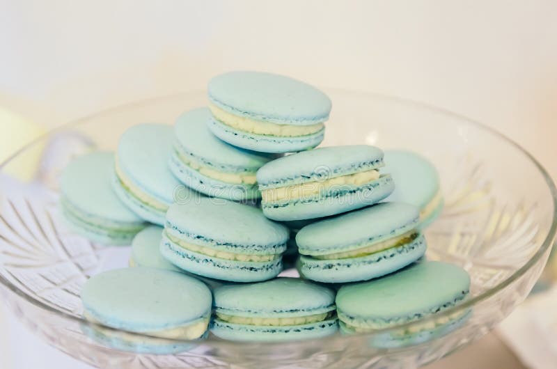 Blue Macarons on Glass Plate Stock Photo - Image of blue, flavor: 84355904