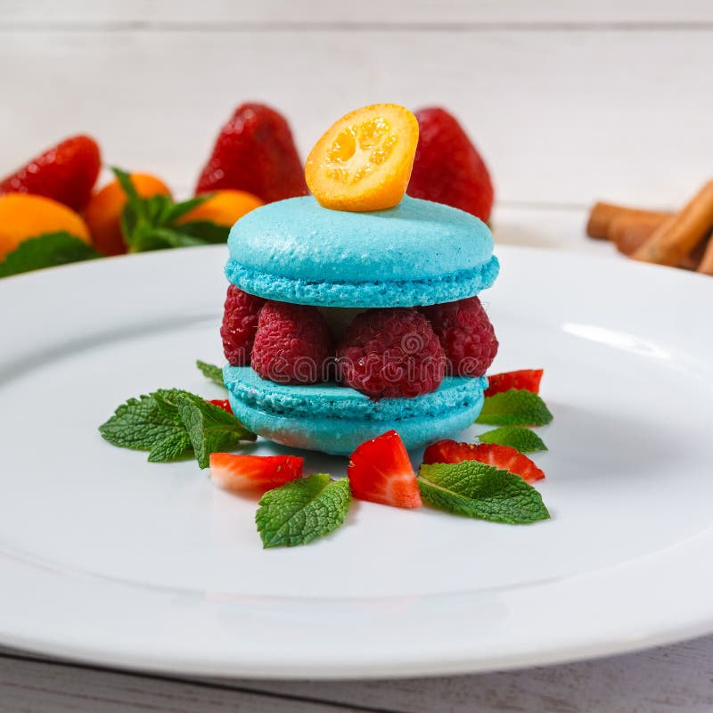 Blue Macaroon with Raspberries. Square Image Stock Photo - Image of ...