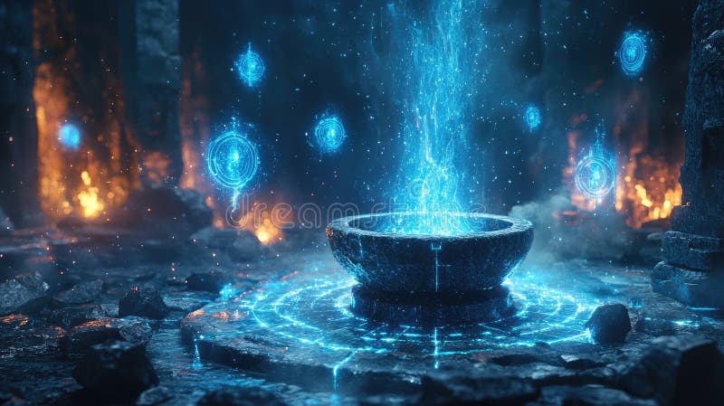 A Blue Magical Energy Erupts from a Stone Cauldron in an Ancient Ritual ...