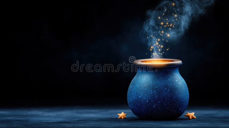 Blue Magical Pot with Swirling Smoke and Glowing Particles on a Dark ...
