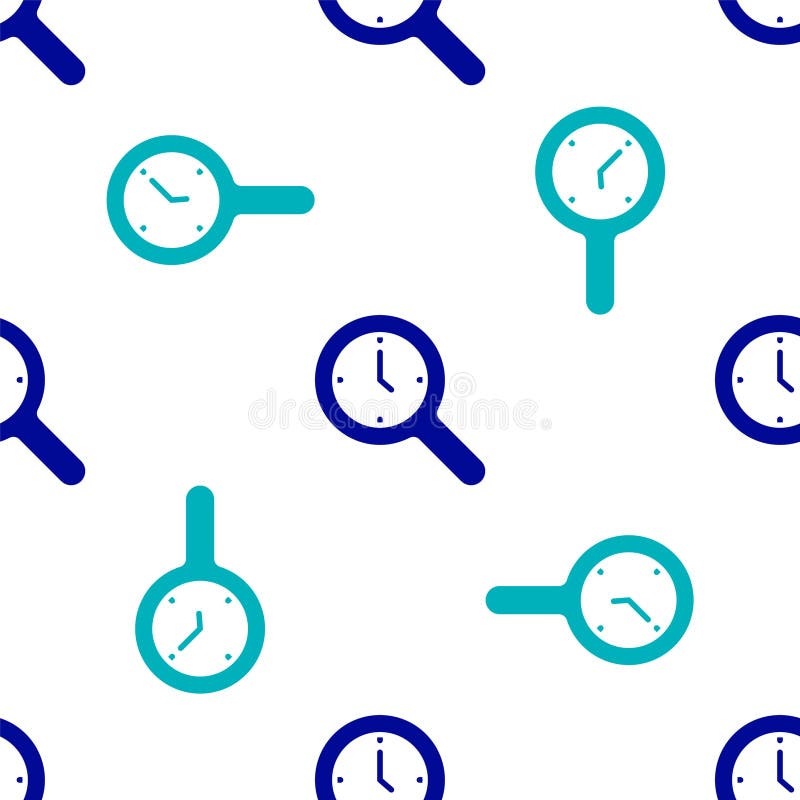 Blue Magnifying Glass with Clock Icon Isolated Seamless Pattern on ...