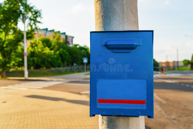 Blue Mailbox on the Grey Post Stock Photo - Image of metal, front ...