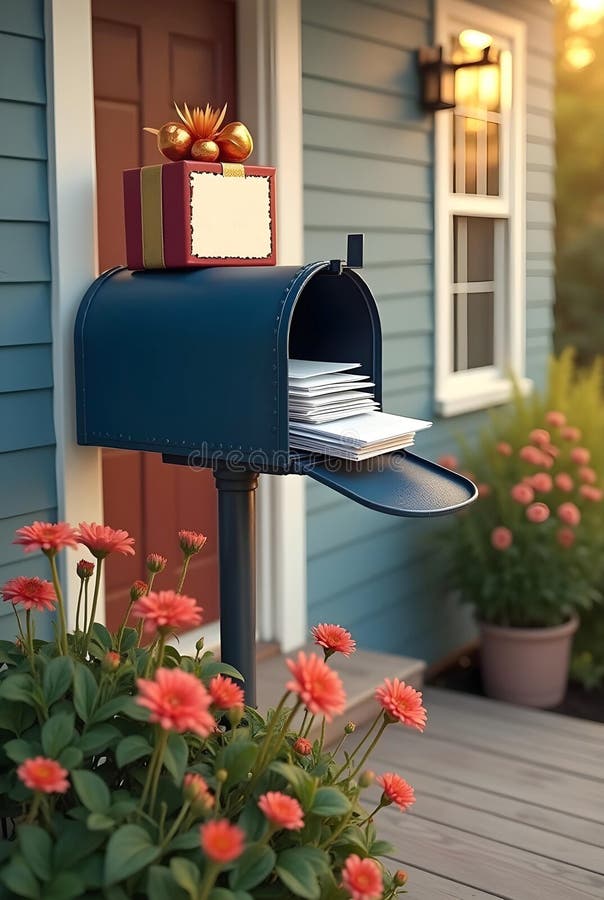 A Blue Mailbox Overflowing with Mail Has a Small Red Gift with a Bow on ...