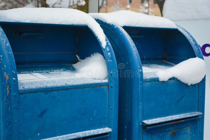 Blue Mailboxes with Snow on Them Stock Image - Image of city, postage ...