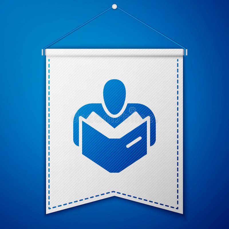 Blue Man Reading Book Icon Isolated on Blue Background. White Pennant ...
