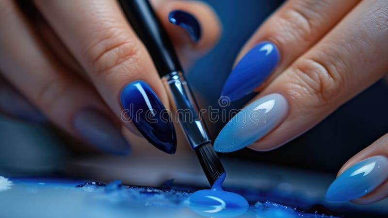 Blue Manicure on Long Sharp Nails, on a Dark Background Stock Image ...