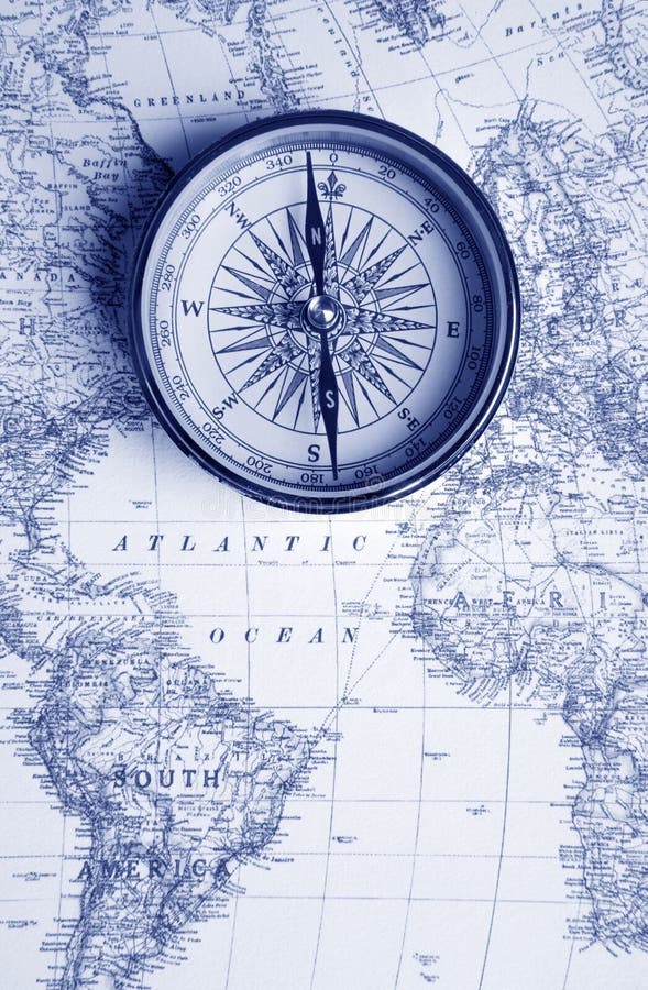 Compass on vintage map stock image. Image of south, nautical - 10622581