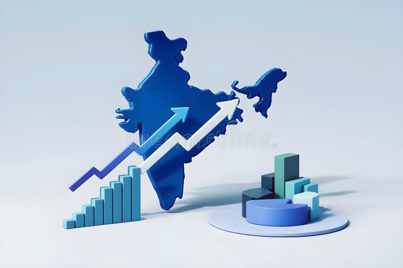 Blue Map of India with Bar and Pie Charts, Rising Arrow Symbolizing ...