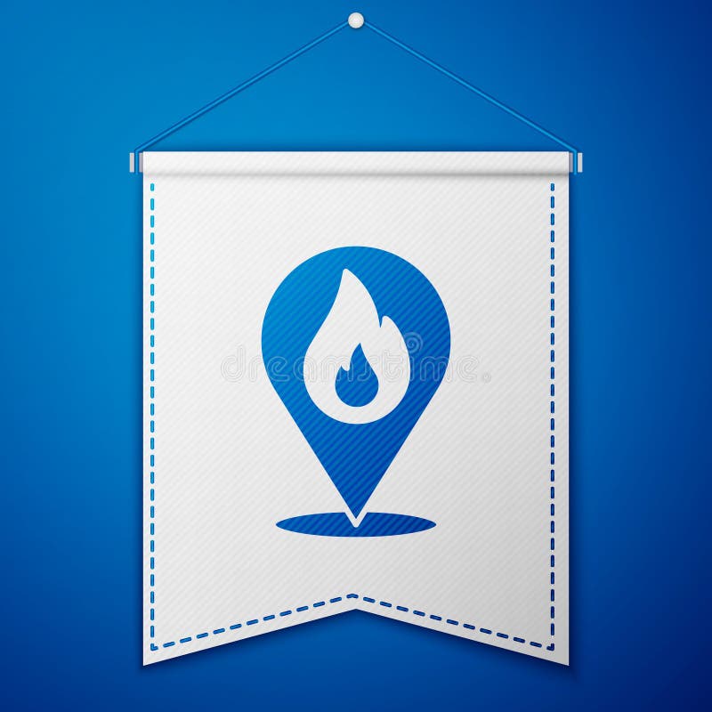 Blue Map Pointer with Fire Flame Icon Isolated on Blue Background. Fire ...