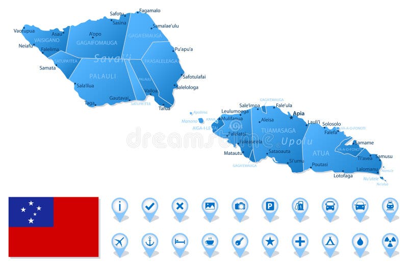 Blue Map of Samoa Administrative Divisions with Travel Infographic ...
