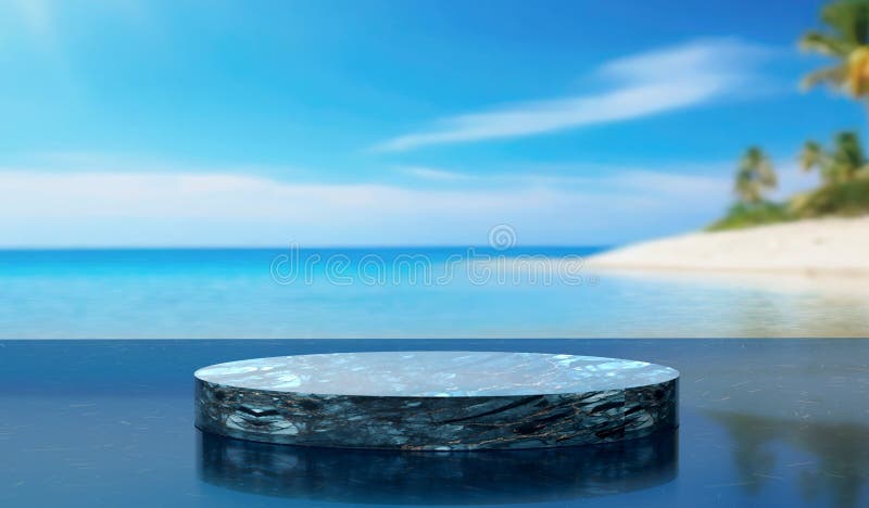 Blue Marble Round Platform on Blue Glass Table with Blurred Beach ...