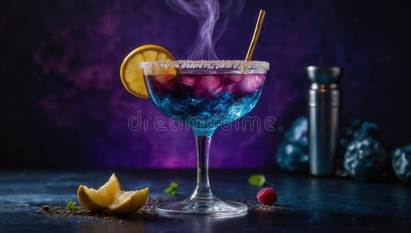A Blue Martini is Served in a Martini Glass with a Lemon Wedge and a ...