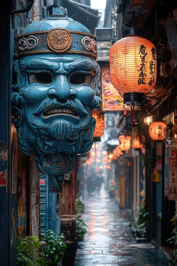 A Blue Mask Hangs from the Side of a Building Stock Image - Image of ...