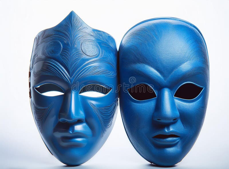 Blue Masks with Emotions of Sadness and Indifference, Isolated on White ...