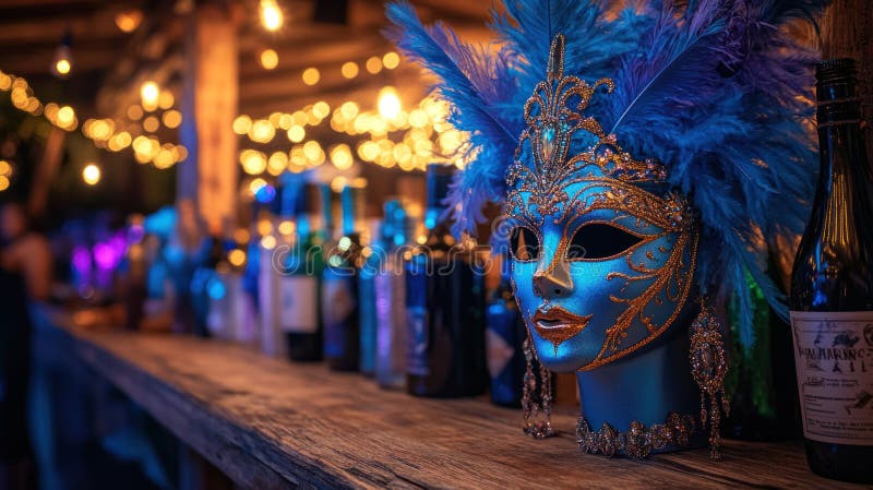 Blue Masquerade Mask on Bar, Party Lights Stock Illustration ...