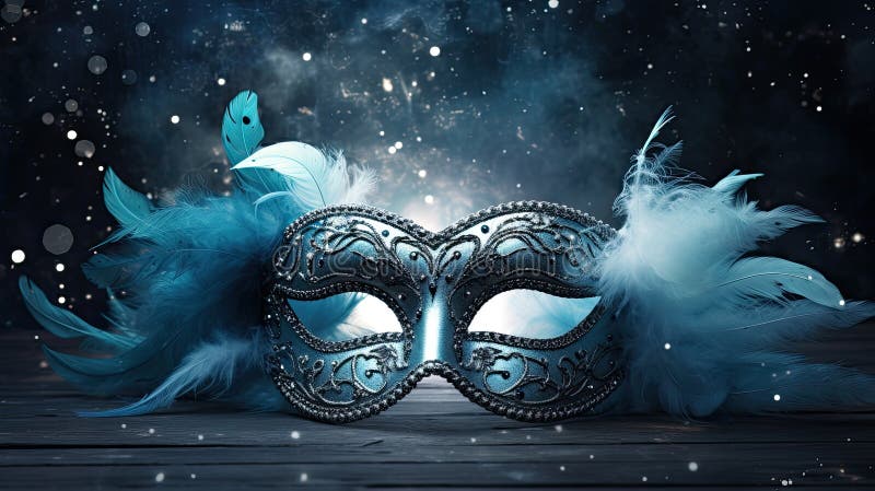 Blue Masquerade Mask with Fluffy White Feathers and Silver Glitter ...