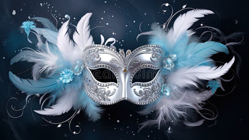 Blue Masquerade Mask with Fluffy White Feathers and Silver Glitter ...