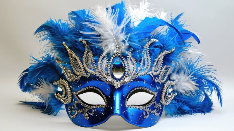 Blue Masquerade Mask with Fluffy White Feathers and Silver Glitter ...