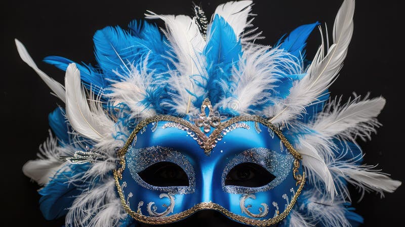 Blue Masquerade Mask with Fluffy White Feathers and Silver Glitter ...