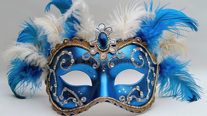 Blue Masquerade Mask with Fluffy White Feathers and Silver Glitter ...