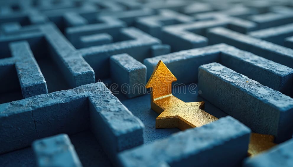 Blue Maze with Yellow Arrow Represents Solution Finding, Problem ...