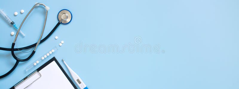 Blue Medical Banner with Clipboard and Stethoscope Stock Photo - Image ...