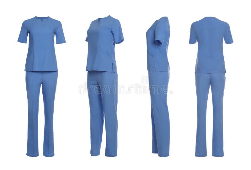 Blue Medical Uniform Isolated on White, Collage with Back, Side and ...
