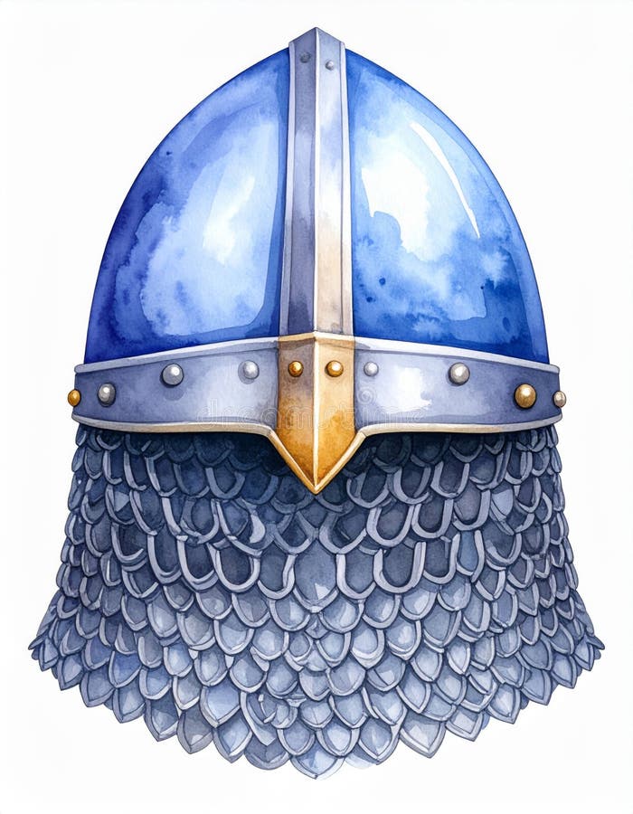 Blue Medieval Helmet with Chainmail and Metal Accents Stock ...