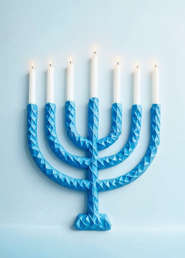 A Blue Menorah with Lite White Candles on Blue Background Stock ...