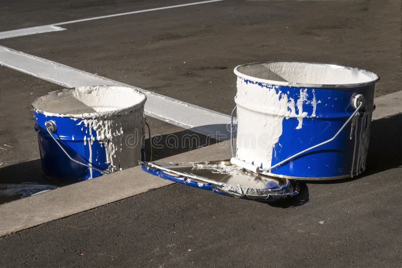 2 Blue Metal Buckets with White Paint for Road Markings Work. Road Work ...