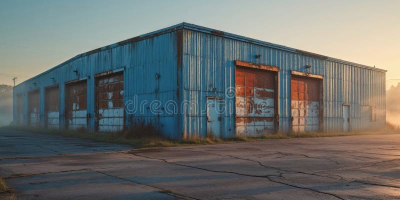 A Blue Metal Building with Multiple Garage Doors Sits on a Paved Lot ...