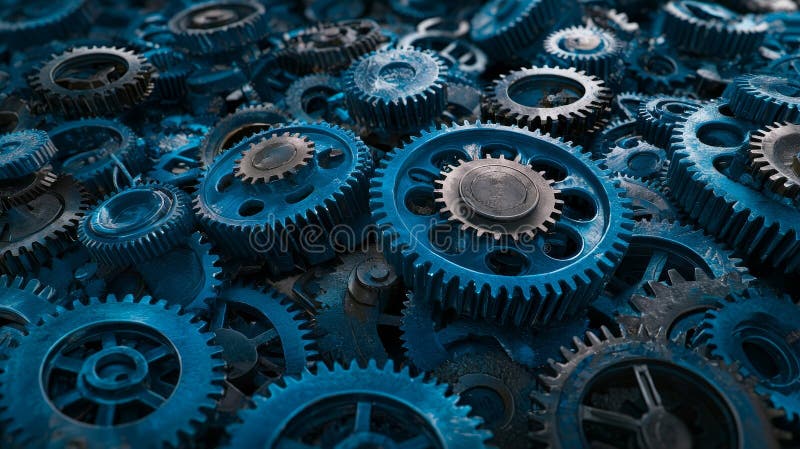 Blue Metal Gears Interlocking To Represent Teamwork and Machinery ...