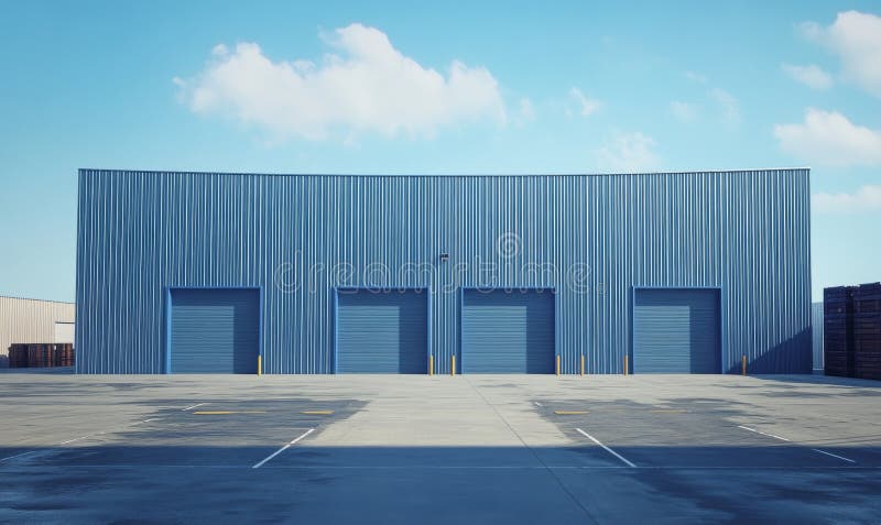Blue Metal Warehouse with Several Doors and a Blue Roof. Generative AI ...