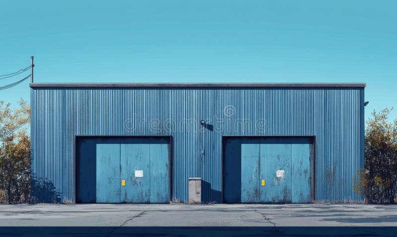 Blue Metal Warehouse with Several Doors and a Blue Roof. Generative AI ...