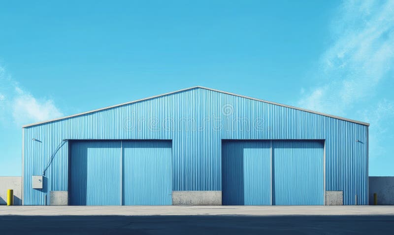 Blue Metal Warehouse with Several Doors and a Blue Roof. Generative AI ...
