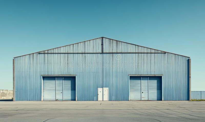 Blue Metal Warehouse with Several Doors and a Blue Roof. Generative AI ...