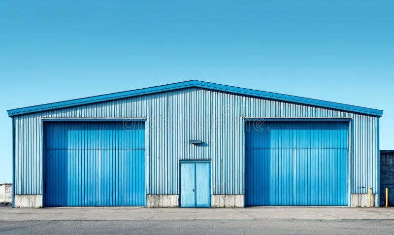 Blue Metal Warehouse with Several Doors and a Blue Roof. Generative AI ...