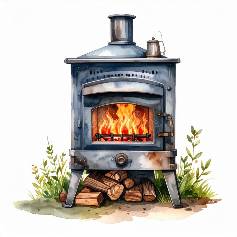 Blue Metal Wood Burning Stove with Fire and Plants Stock Illustration ...