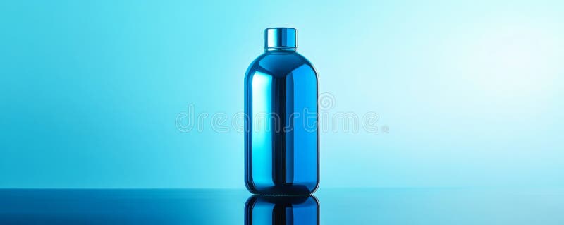 Blue Metallic Bottle on Reflective Surface with Gradient Background ...