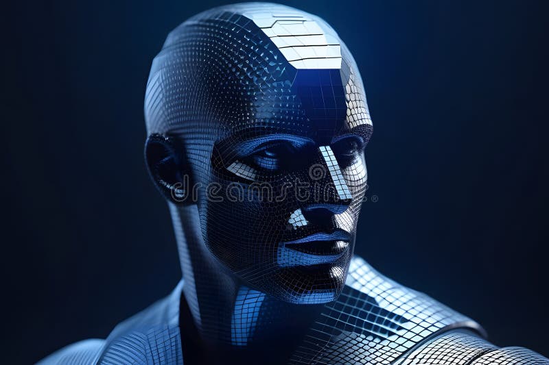 Blue Metallic Futuristic Robot Head on Dark Blue Background. Artificial ...