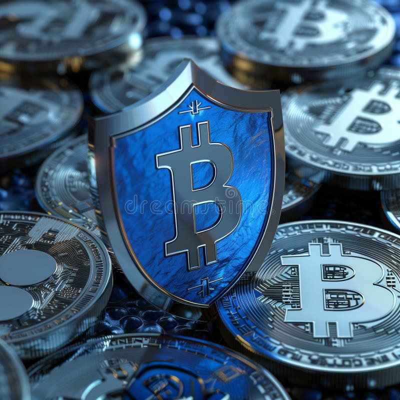 Blue Metallic Shield on a Pile of Bitcoin Coins with Digital Network ...