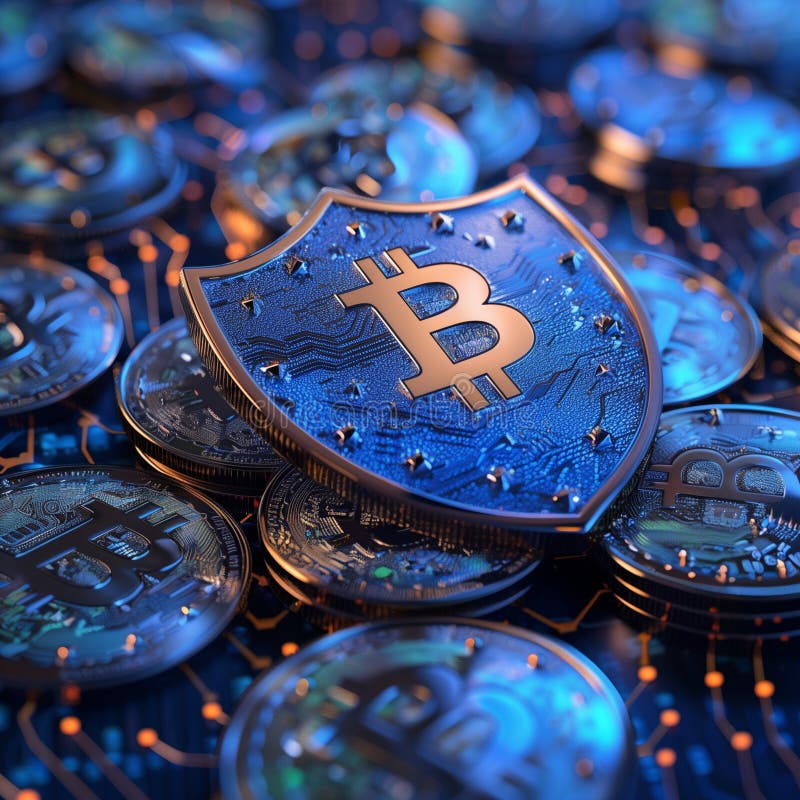 Blue Metallic Shield on a Pile of Bitcoin Coins with Digital Network ...