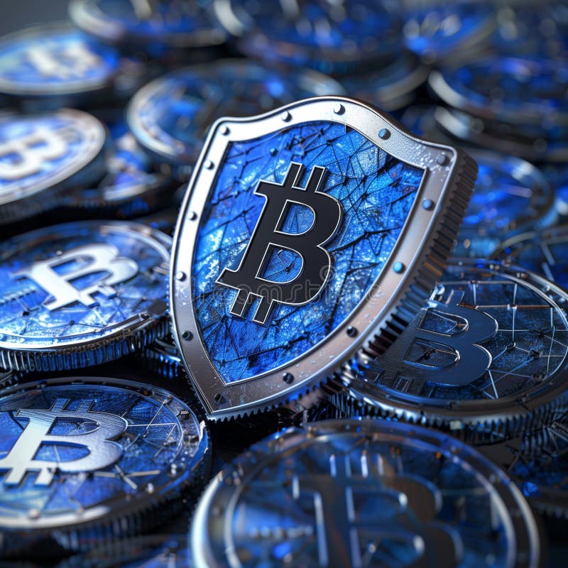 Blue Metallic Shield on a Pile of Bitcoin Coins with Digital Network ...